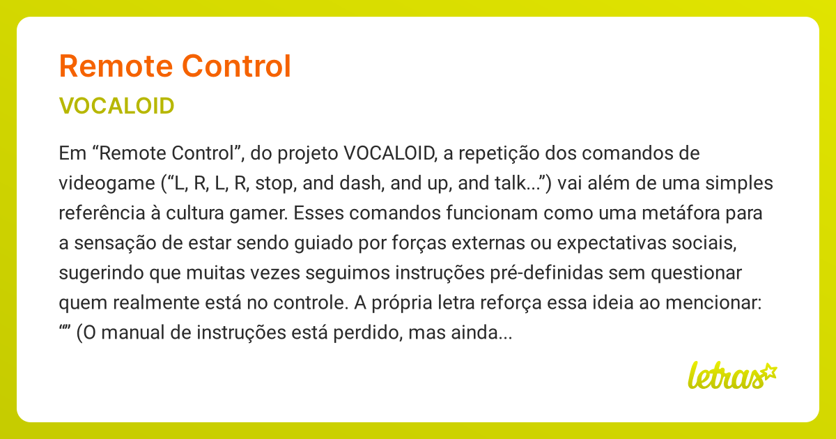 Significado da música REMOTE CONTROL (VOCALOID) - LETRAS.MUS.BR