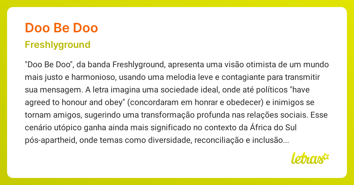 Significado da música DOO BE DOO (Freshlyground) - LETRAS.MUS.BR