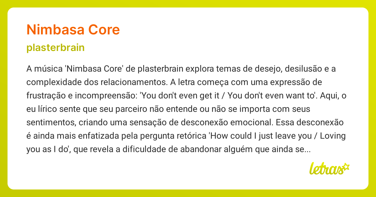 Significado da música NIMBASA CORE (plasterbrain) - LETRAS.MUS.BR
