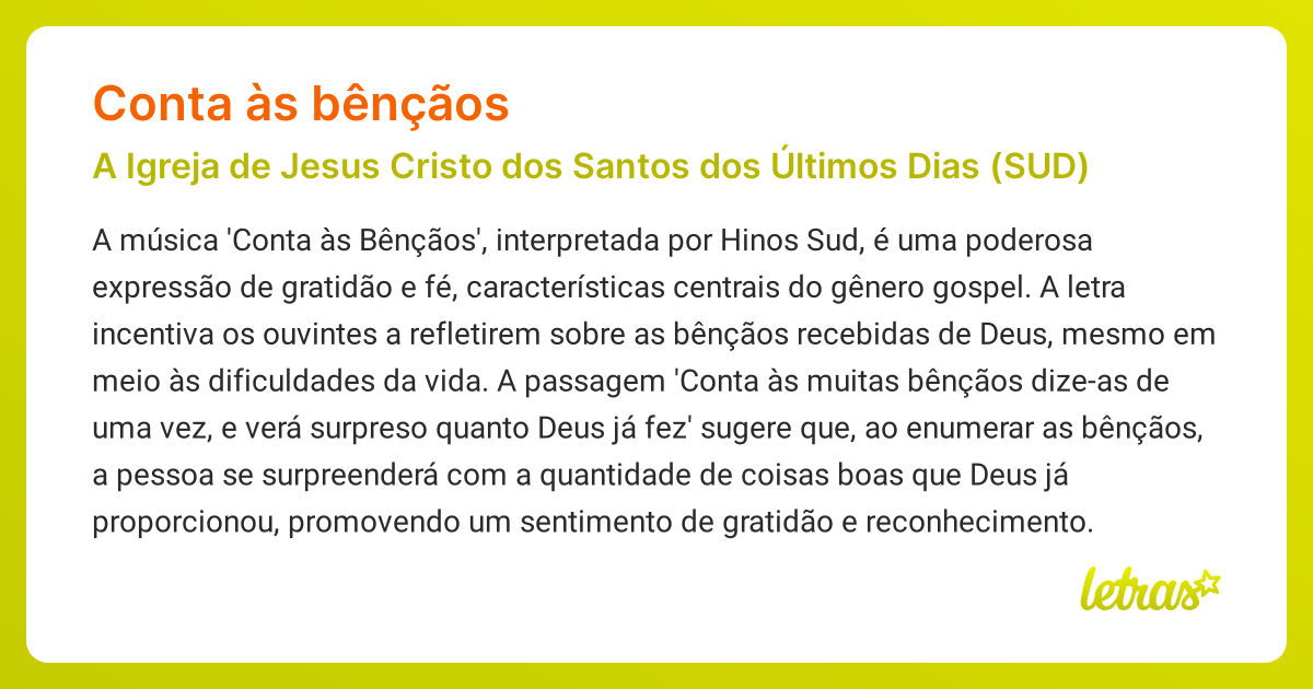 Significado da música CONTA ÀS BÊNÇÃOS (A Igreja de Jesus Cristo dos ...