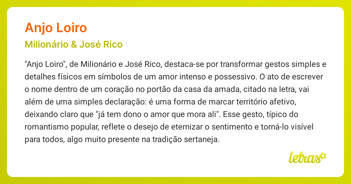 Significado da música ANJO LOIRO (Milionário & José Rico) - LETRAS.MUS.BR