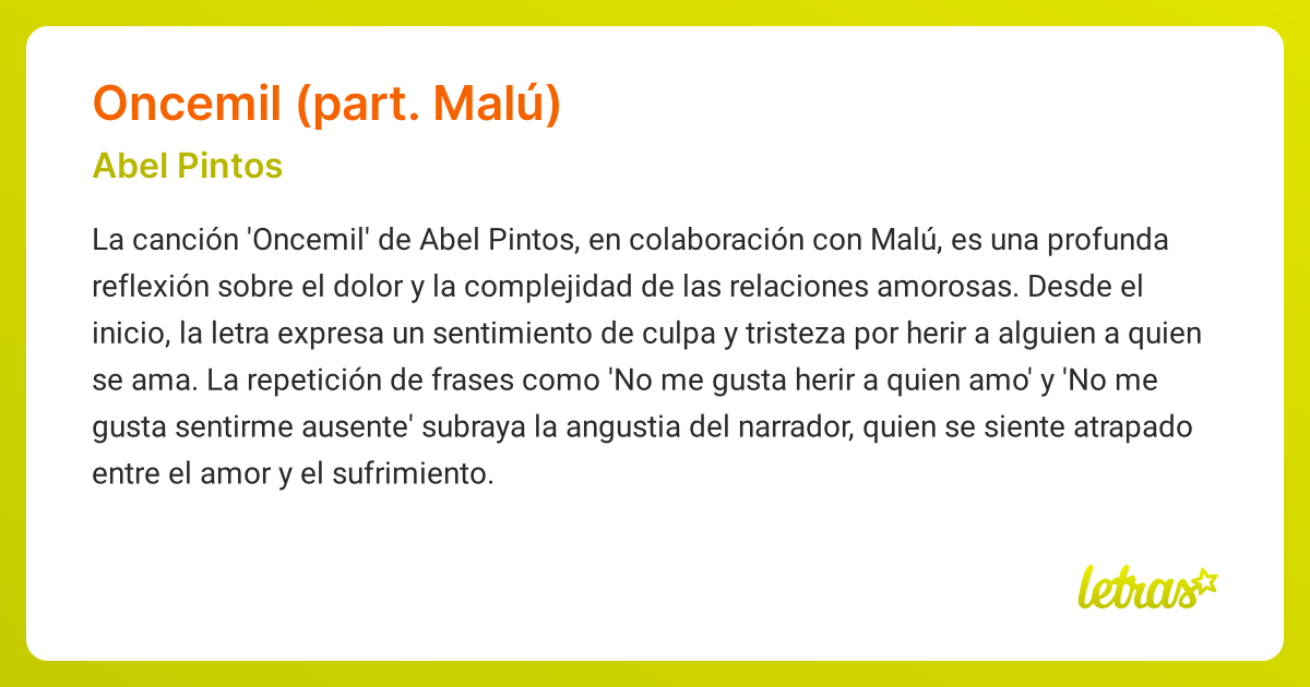 Significado de la canción ONCEMIL (PART. MALÚ) (Abel Pintos) - LETRAS.COM