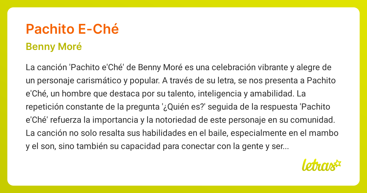 Significado de la canción PACHITO E-CHÉ (Benny Moré) - LETRAS.COM