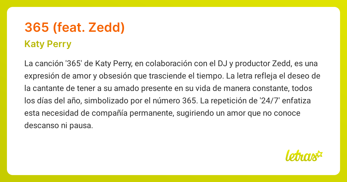 Significado de la canción 365 (FEAT. ZEDD) (Katy Perry) - LETRAS.COM