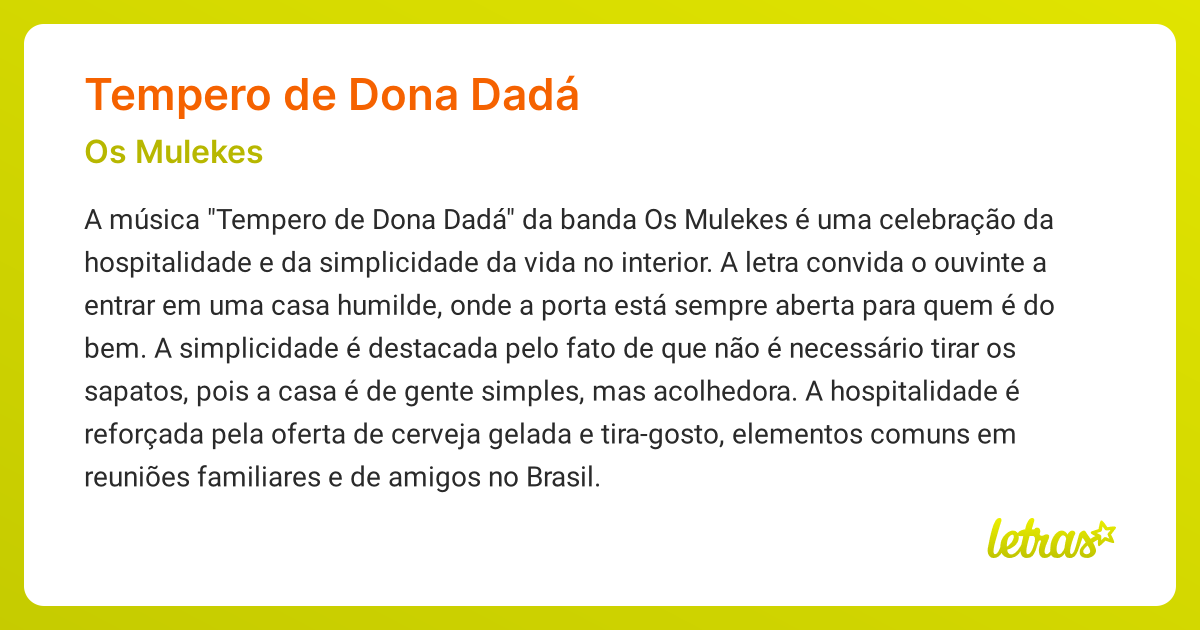 Significado da música TEMPERO DE DONA DADÁ (Os Mulekes) - LETRAS.MUS.BR