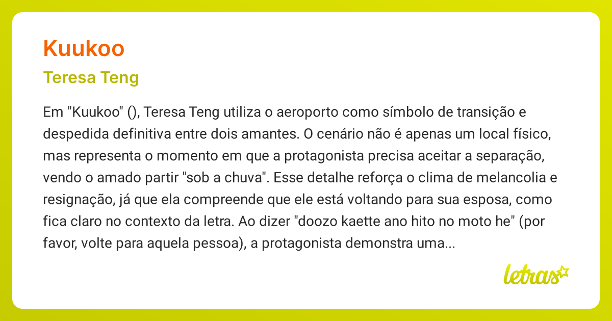 Significado da música KUUKOO (Teresa Teng) - LETRAS.MUS.BR
