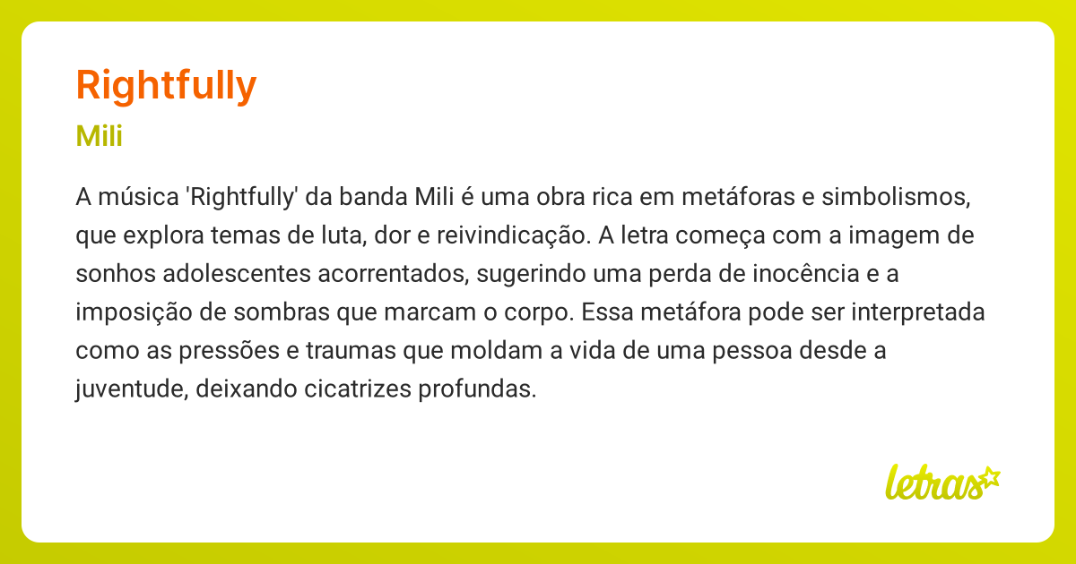 Significado da música RIGHTFULLY (Mili) - LETRAS.MUS.BR