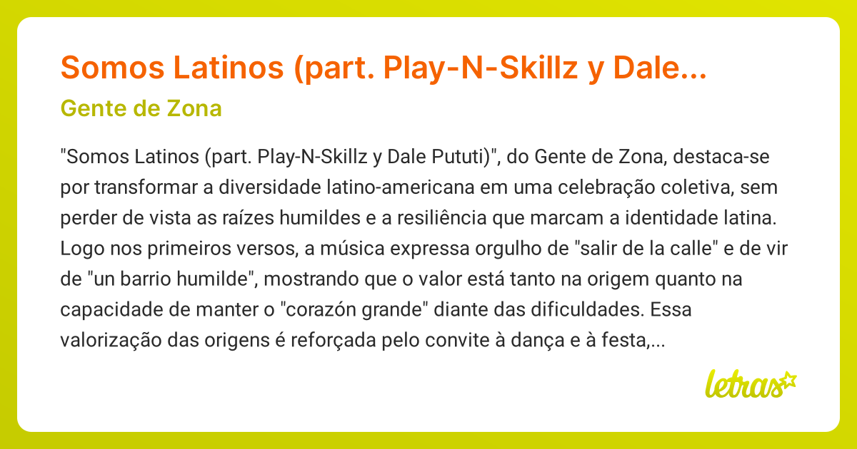Significado da música Somos Latinos (part. Play-N-Skillz y Dale Pututi ...