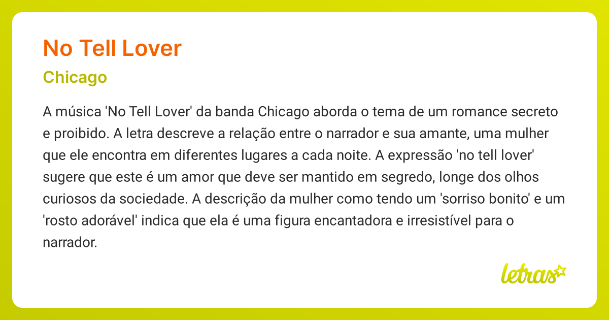Significado da música NO TELL LOVER (Chicago) - LETRAS.MUS.BR