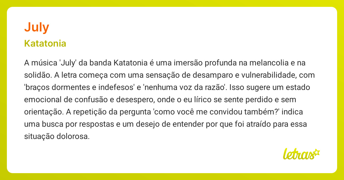 Significado da música JULY (Katatonia) - LETRAS.MUS.BR
