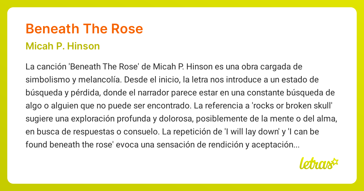 Significado de la canción BENEATH THE ROSE (Micah P. Hinson) - LETRAS.COM