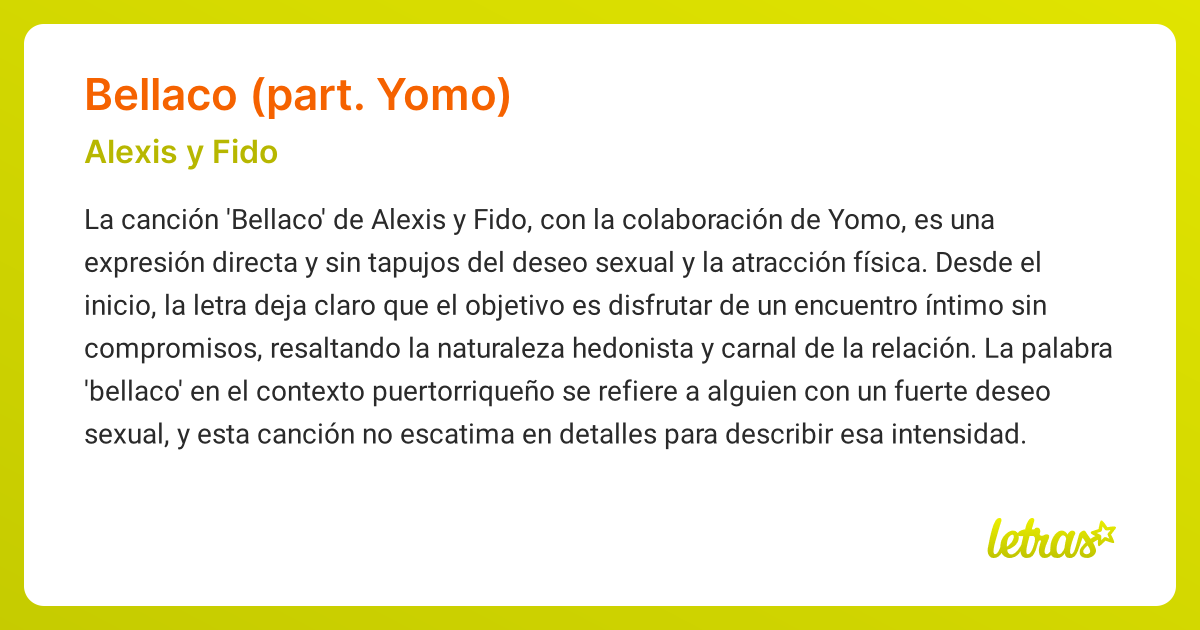 Significado de la canción BELLACO (PART. YOMO) (Alexis y Fido) - LETRAS.COM