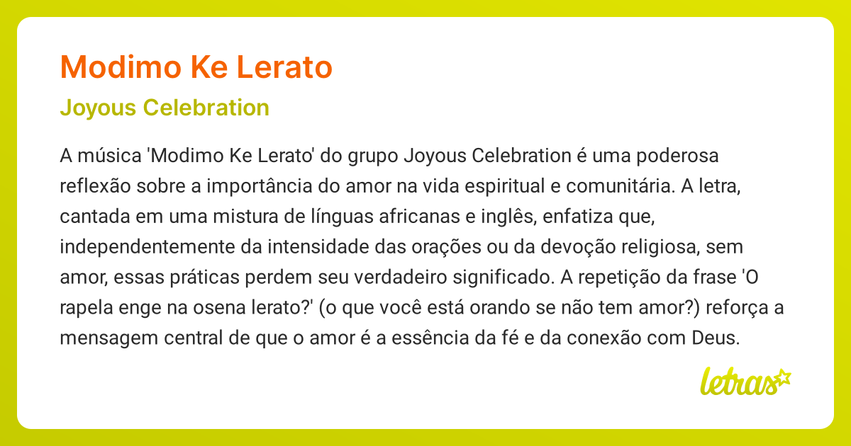 Significado da música MODIMO KE LERATO (Joyous Celebration) - LETRAS.MUS.BR