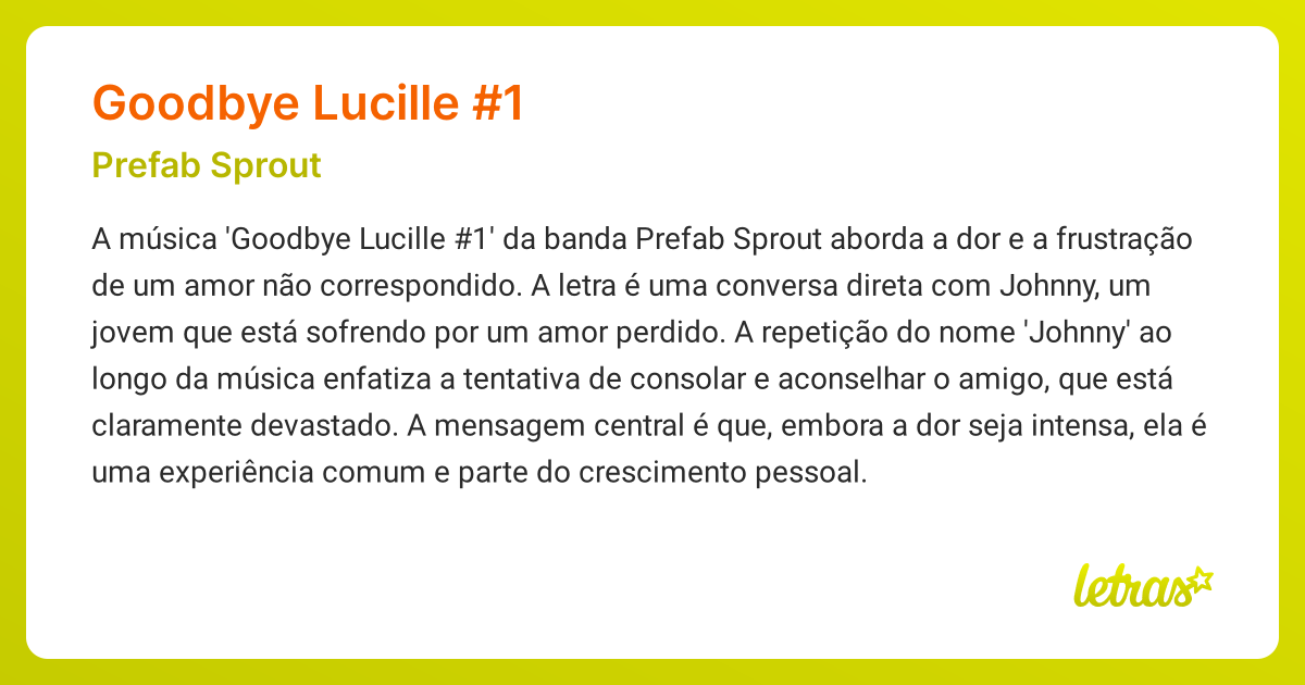 Significado da música GOODBYE LUCILLE #1 (Prefab Sprout) - LETRAS.MUS.BR