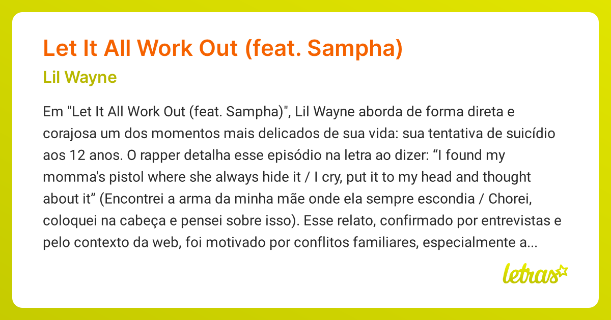 Significado da música Let It All Work Out (feat. Sampha) (Lil Wayne ...