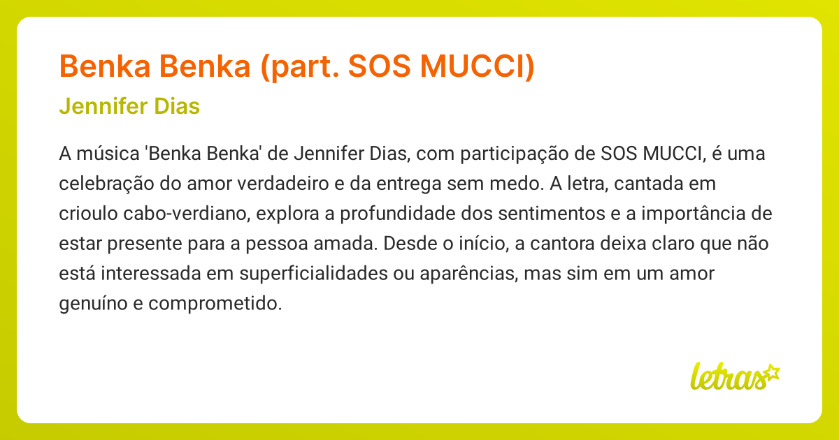 Significado da música BENKA BENKA (PART. SOS MUCCI) (Jennifer Dias ...