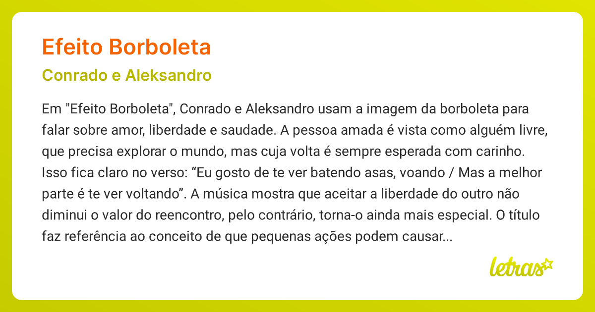 Significado da música EFEITO BORBOLETA (Conrado e Aleksandro) - LETRAS ...