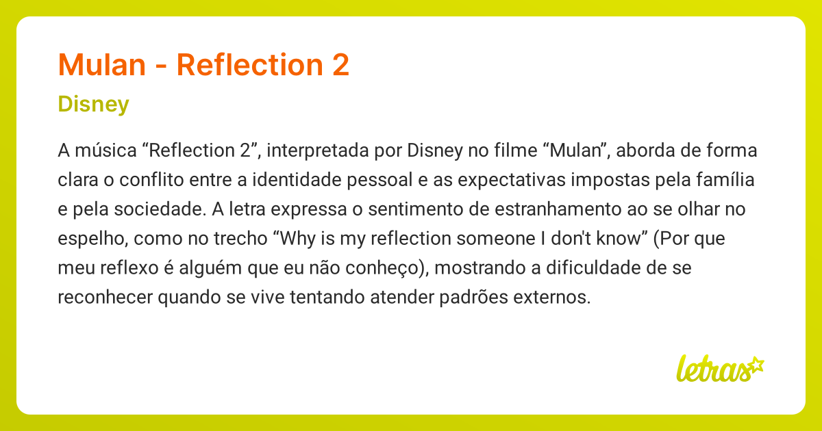 Significado da música MULAN - REFLECTION 2 (Disney) - LETRAS.MUS.BR