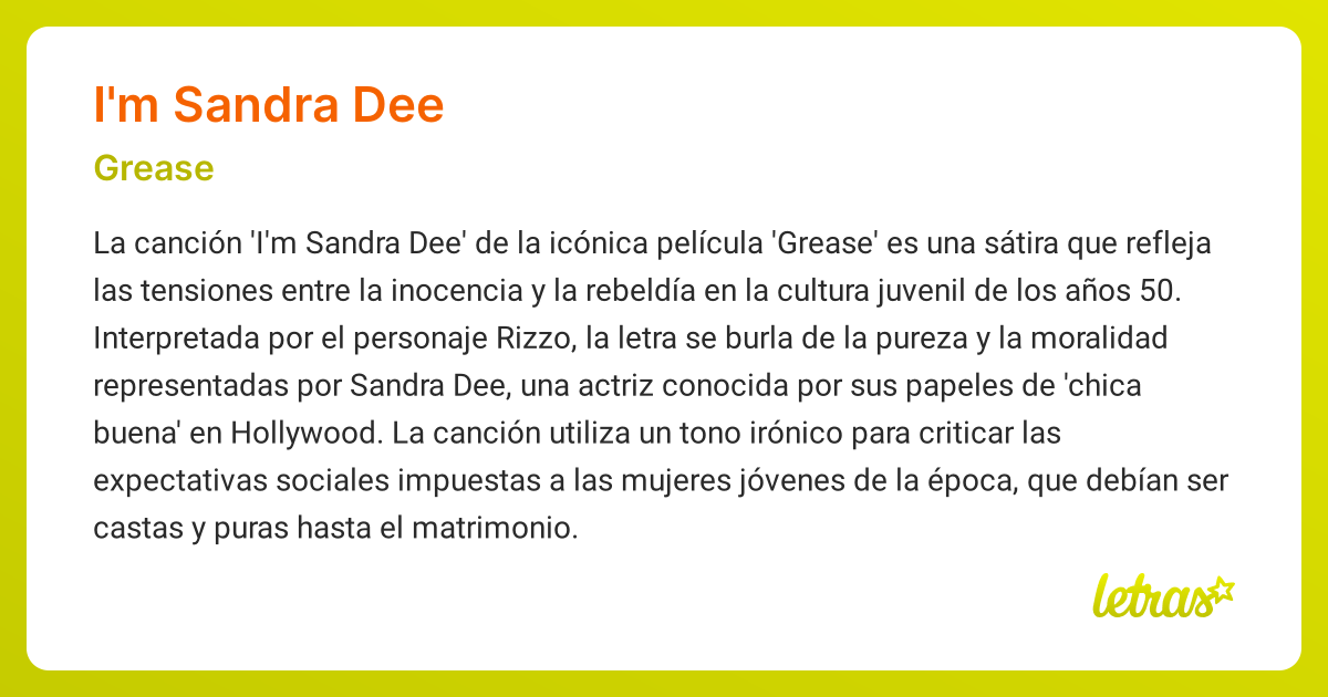 Significado de la canción I'M SANDRA DEE (Grease) - LETRAS.COM