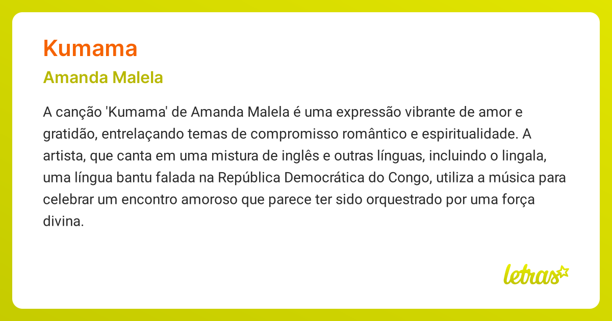 Significado da música KUMAMA (Amanda Malela) - LETRAS.MUS.BR