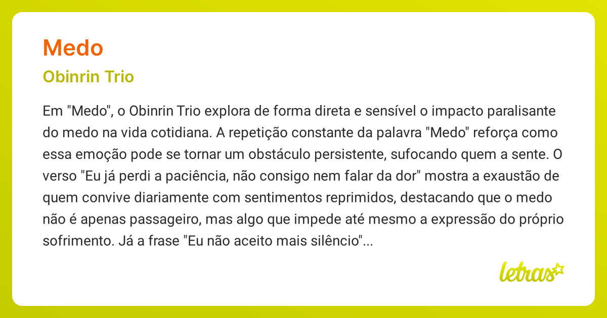 Significado da música MEDO (Obinrin Trio) - LETRAS.MUS.BR