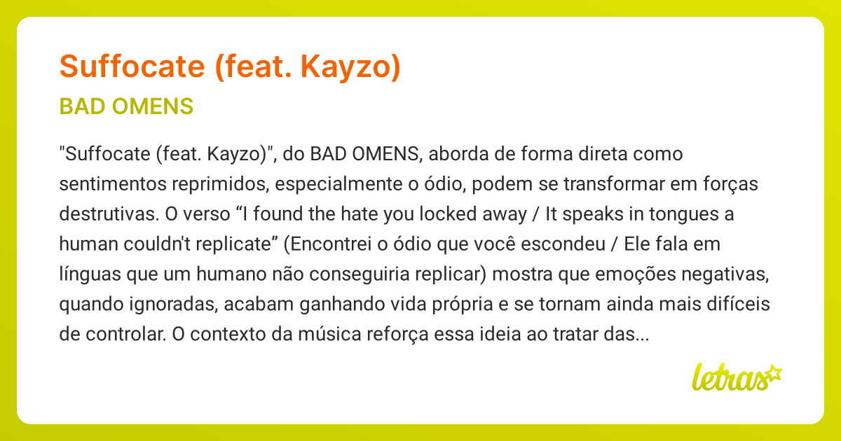 Significado da música SUFFOCATE (FEAT. KAYZO) (BAD OMENS) - LETRAS.MUS.BR