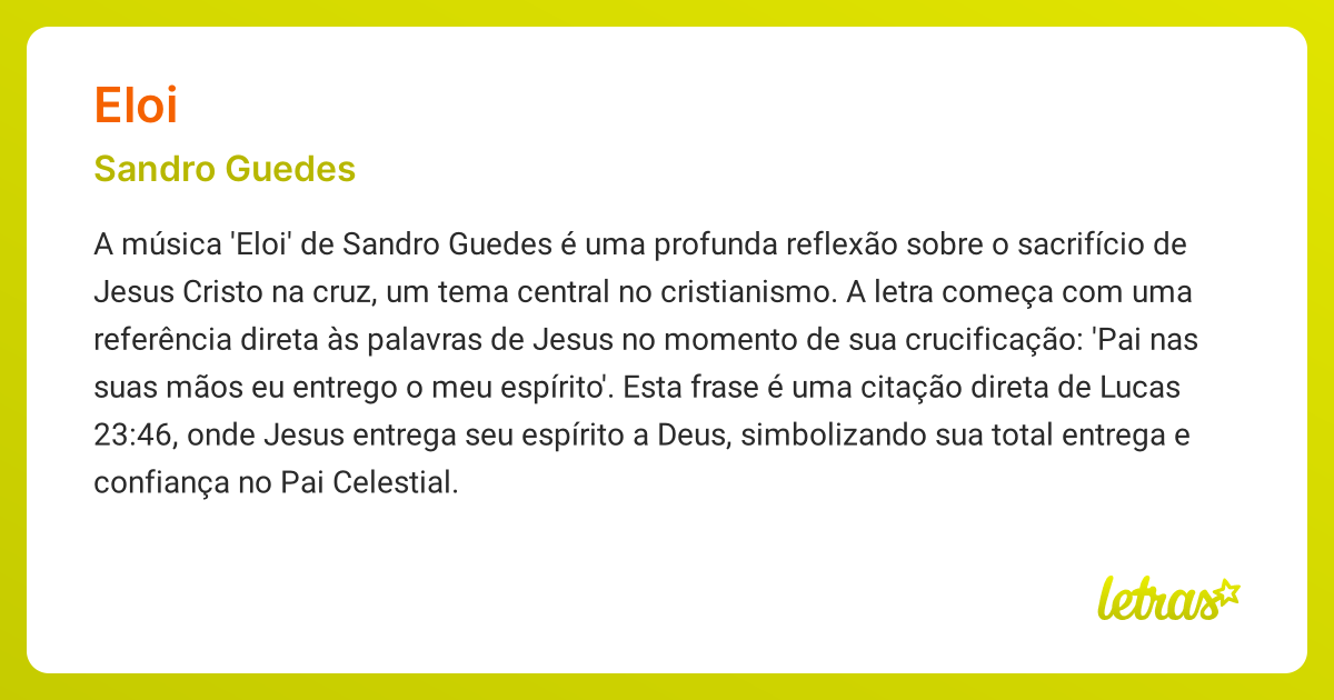 Significado da música ELOI (Sandro Guedes) - LETRAS.MUS.BR