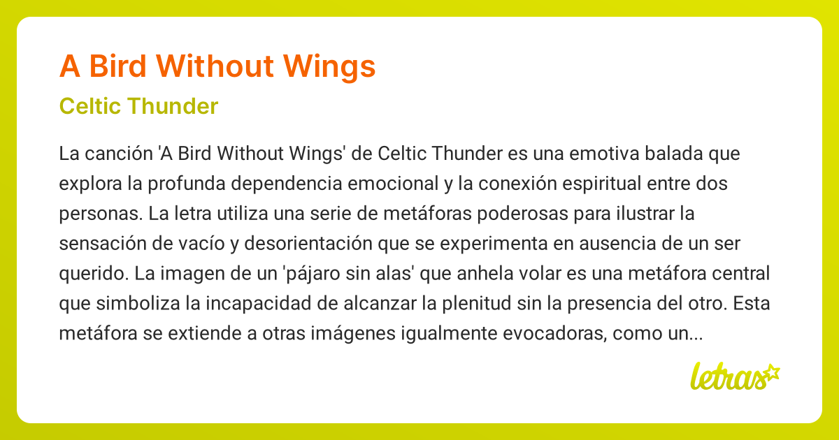 Significado de la canción A BIRD WITHOUT WINGS (Celtic Thunder ...