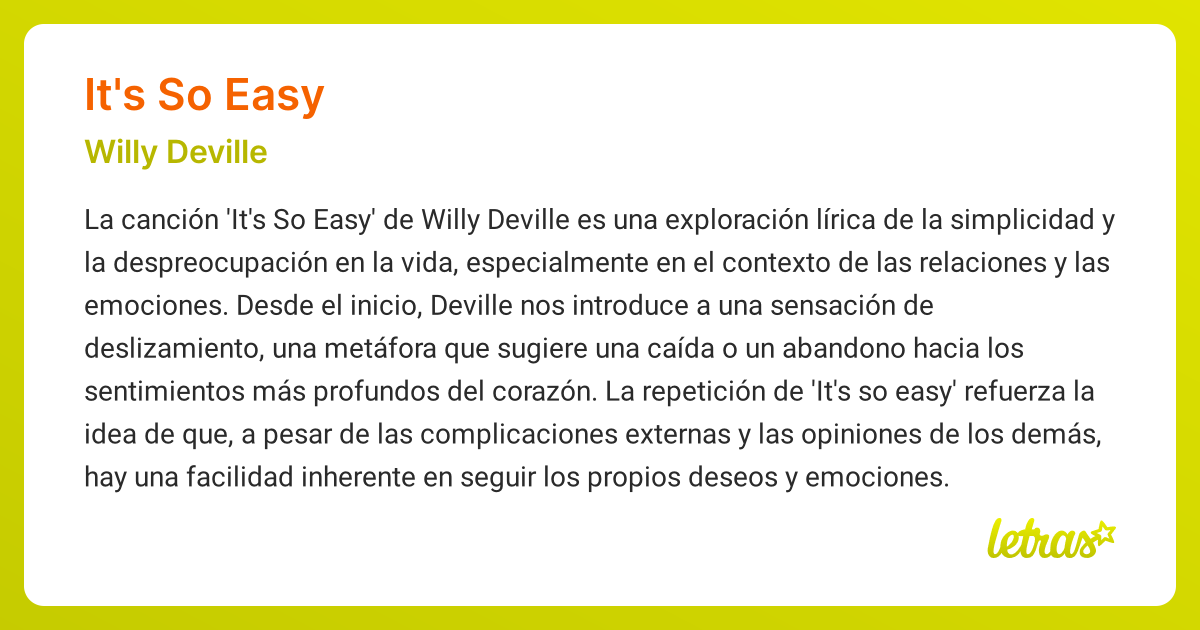 Significado de la canción IT'S SO EASY (Willy Deville) - LETRAS.COM