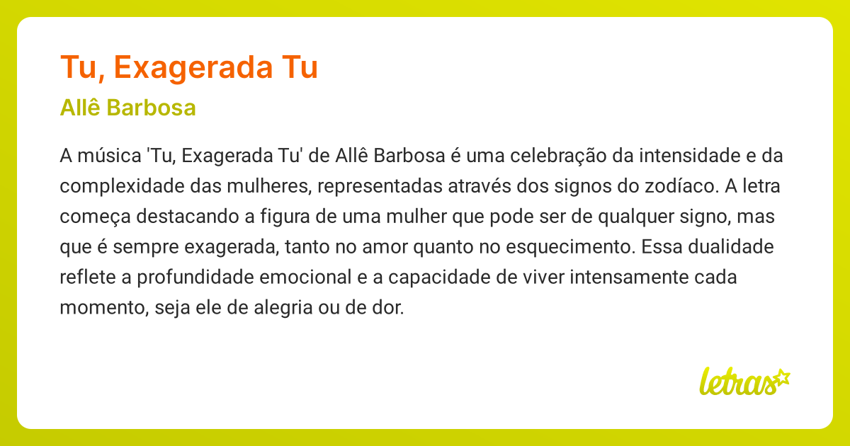 Significado da música TU, EXAGERADA TU (Allê Barbosa) - LETRAS.MUS.BR