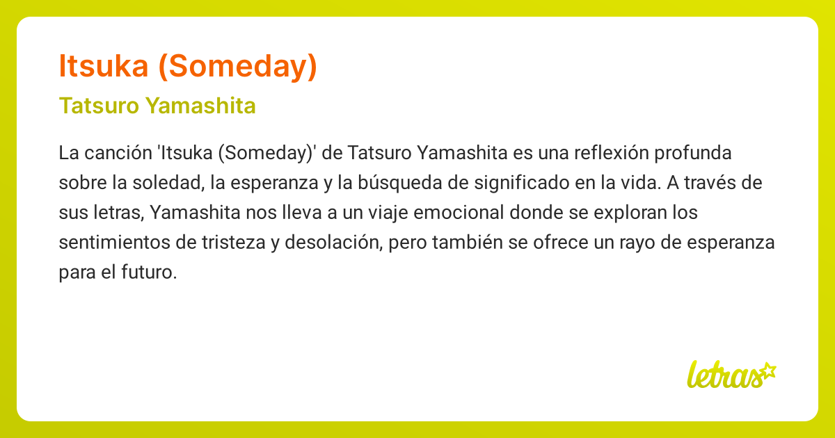Significado de la canción ITSUKA (SOMEDAY) (Tatsuro Yamashita) - LETRAS.COM