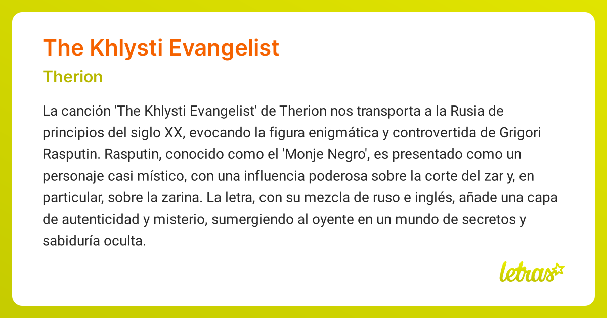 Significado de la canción THE KHLYSTI EVANGELIST (Therion) - LETRAS.COM