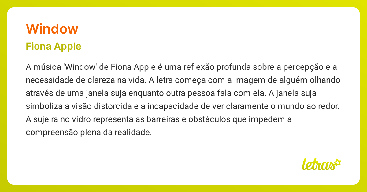Significado da música WINDOW (Fiona Apple) - LETRAS.MUS.BR