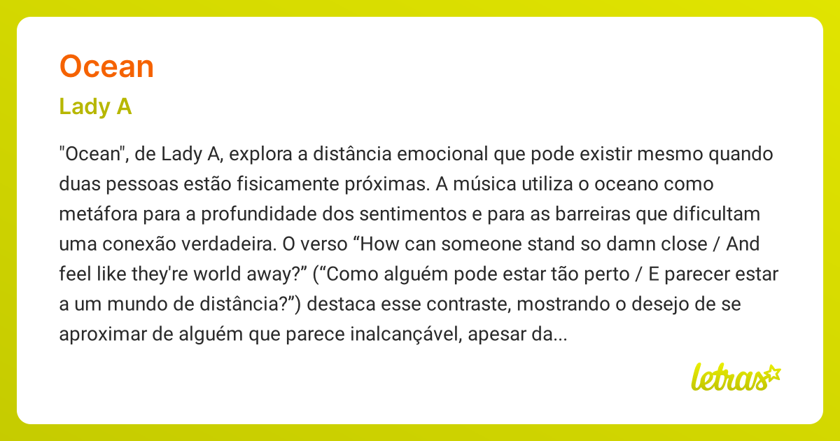 Significado da música OCEAN (Lady A) - LETRAS.MUS.BR