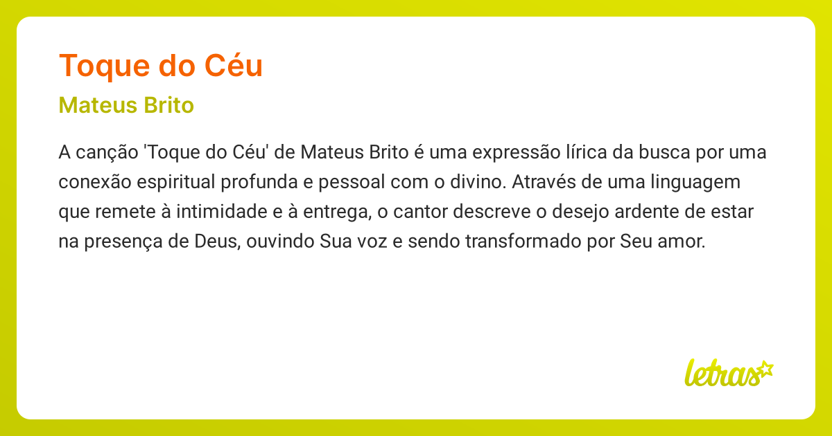 Significado da música TOQUE DO CÉU (Mateus Brito) - LETRAS.MUS.BR