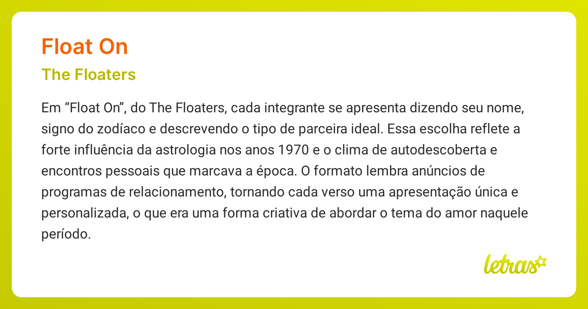 Significado da música FLOAT ON (The Floaters) - LETRAS.MUS.BR