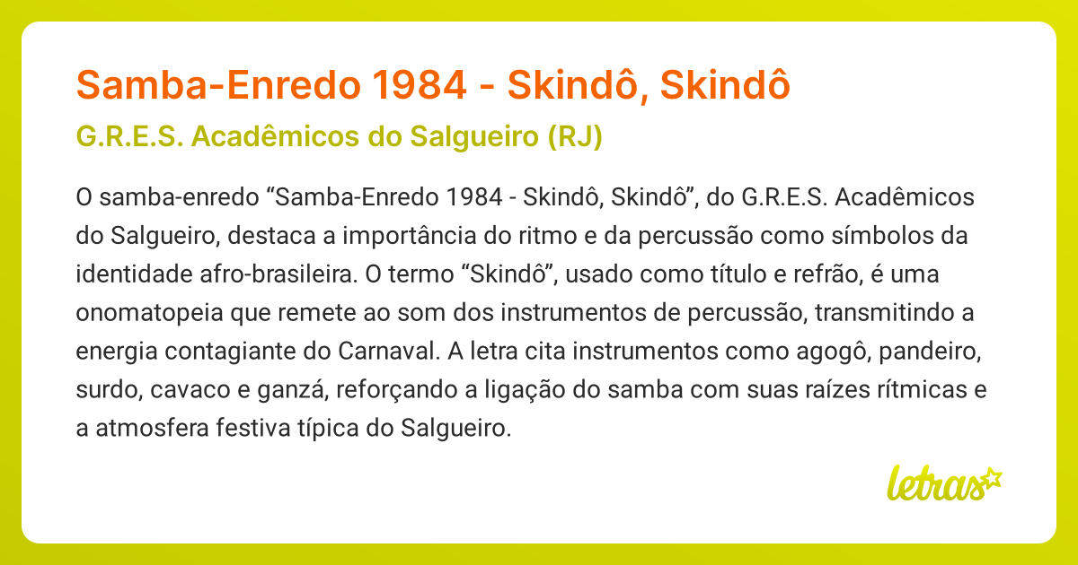 Significado da música Samba-Enredo 1984 - Skindô, Skindô (G.R.E.S ...