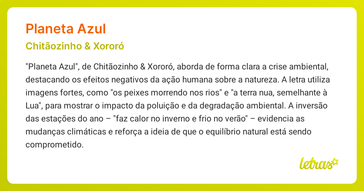 Significado da música PLANETA AZUL (Chitãozinho & Xororó) - LETRAS.MUS.BR