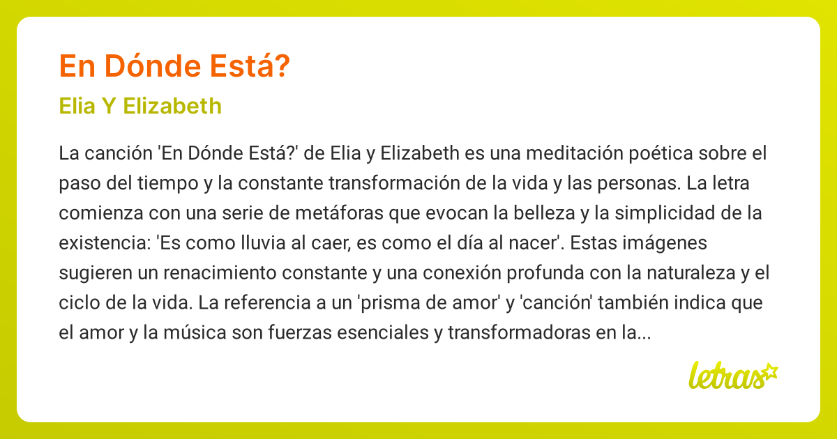 Significado de la canción EN DÓNDE ESTÁ? (Elia Y Elizabeth) - LETRAS.COM