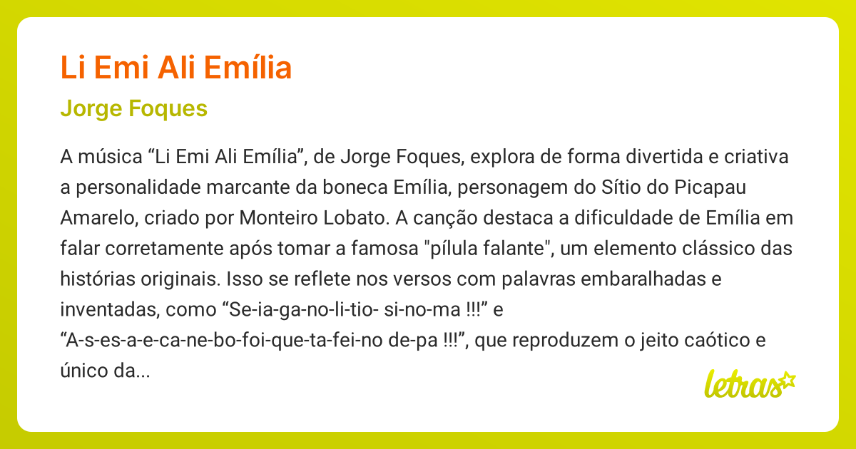 Significado da música LI EMI ALI EMÍLIA (Jorge Foques) - LETRAS.MUS.BR