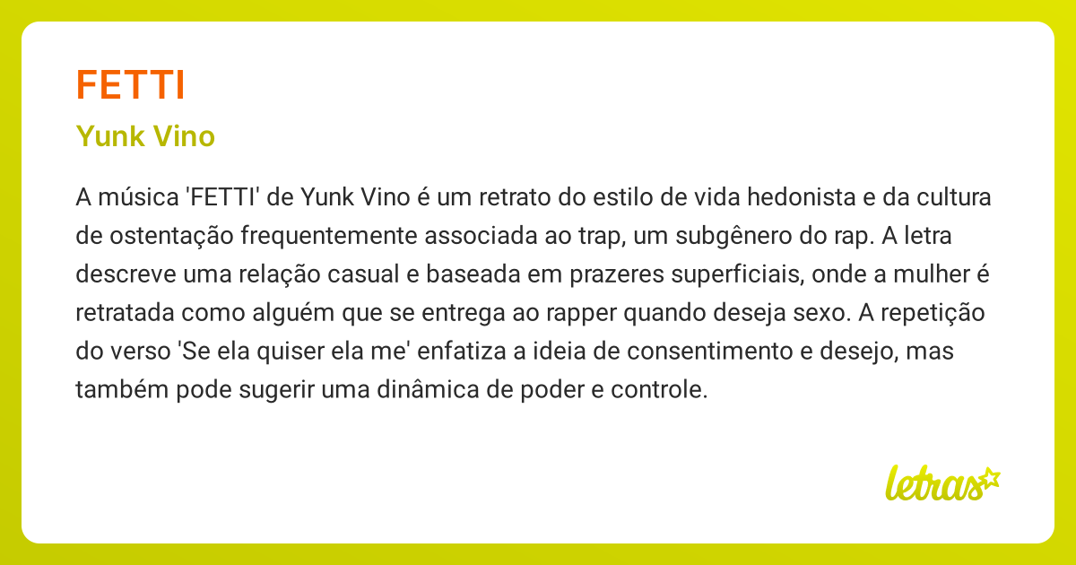 Significado da música FETTI (Yunk Vino) - LETRAS.MUS.BR