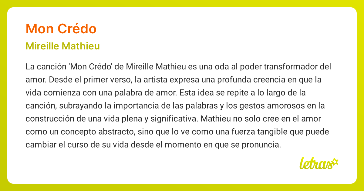 Significado de la canción MON CRÉDO (Mireille Mathieu) - LETRAS.COM