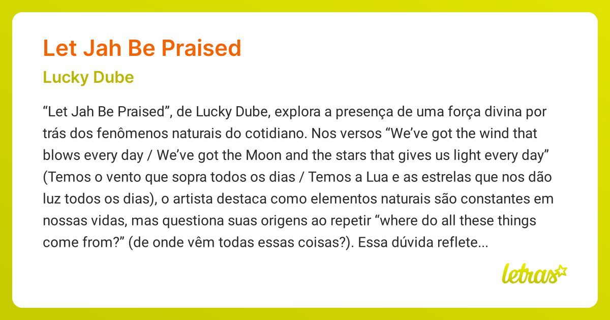 Significado da música LET JAH BE PRAISED (Lucky Dube) - LETRAS.MUS.BR