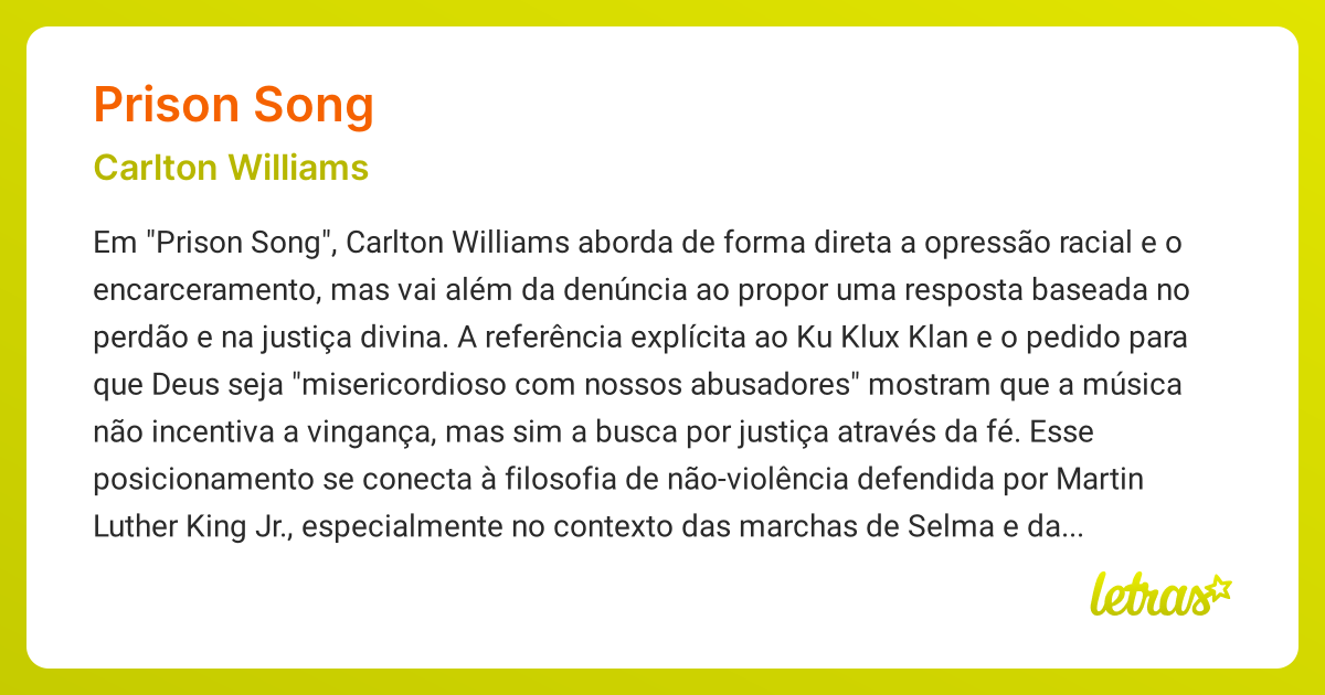 Significado da música PRISON SONG (Carlton Williams) - LETRAS.MUS.BR