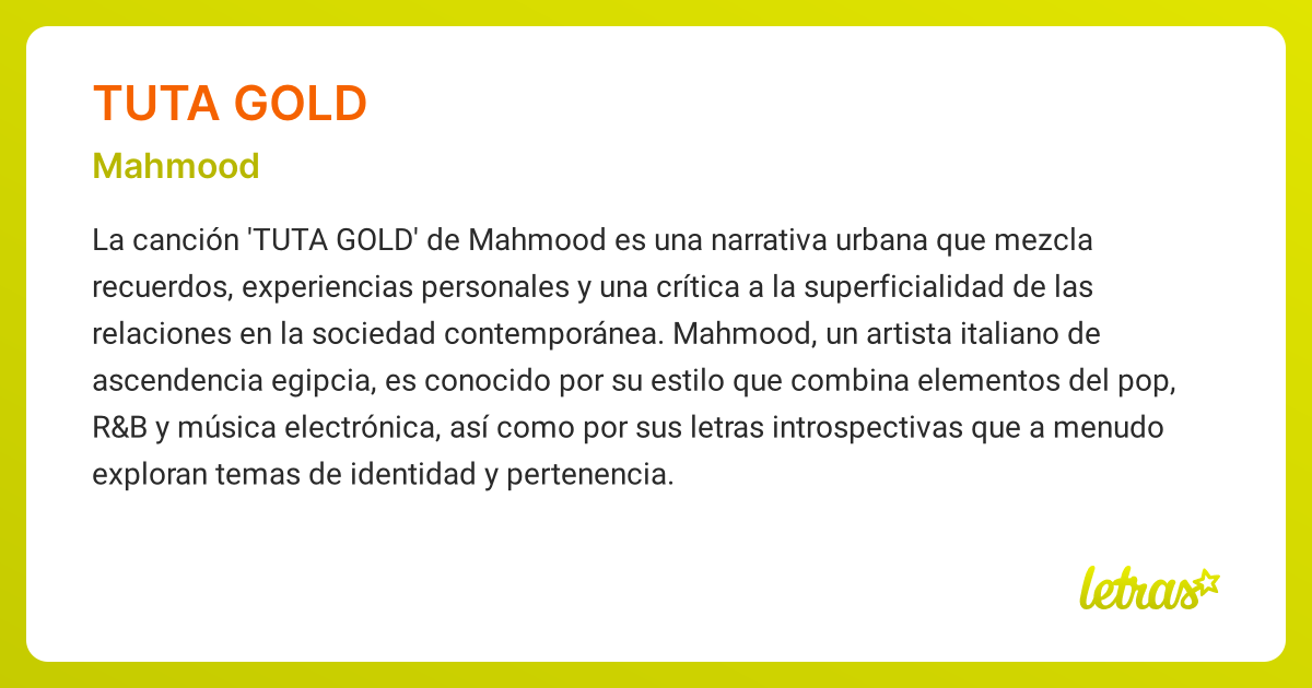 Significado de la canción TUTA GOLD (Mahmood) - LETRAS.COM