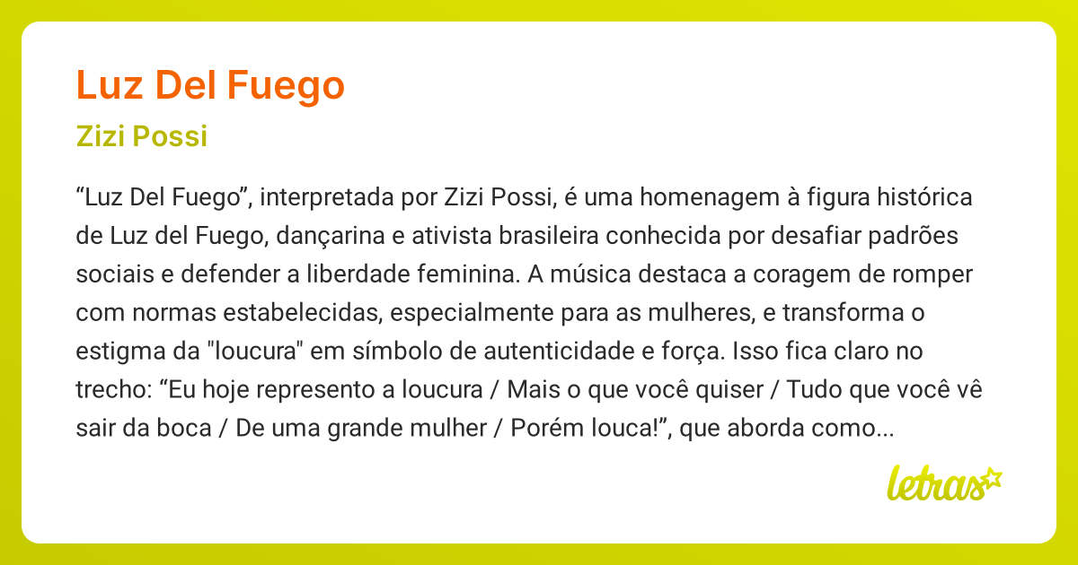 Significado da música LUZ DEL FUEGO (Zizi Possi) - LETRAS.MUS.BR
