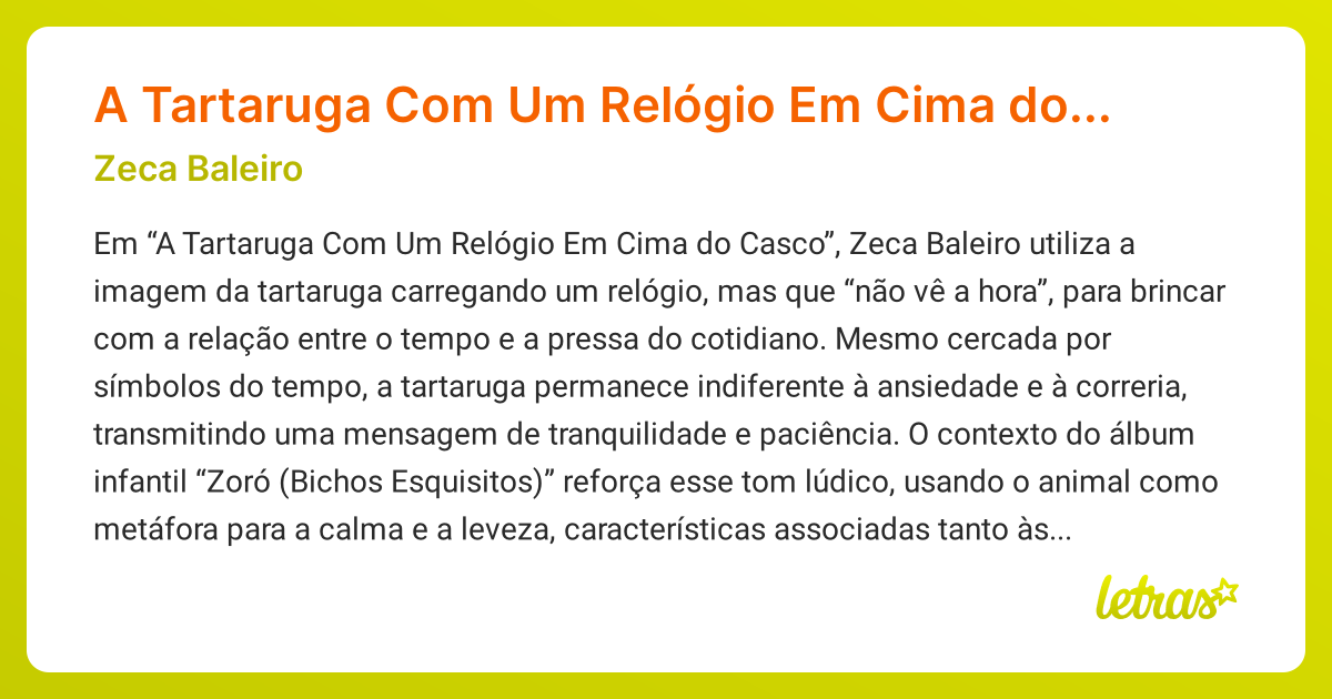 Significado da música A Tartaruga Com Um Relógio Em Cima do Casco (Zeca ...