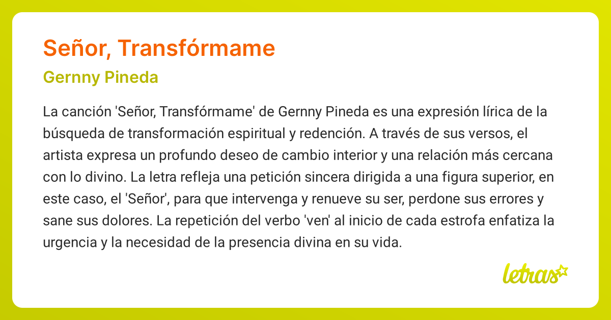 Significado de la canción SEÑOR, TRANSFÓRMAME (Gernny Pineda) - LETRAS.COM