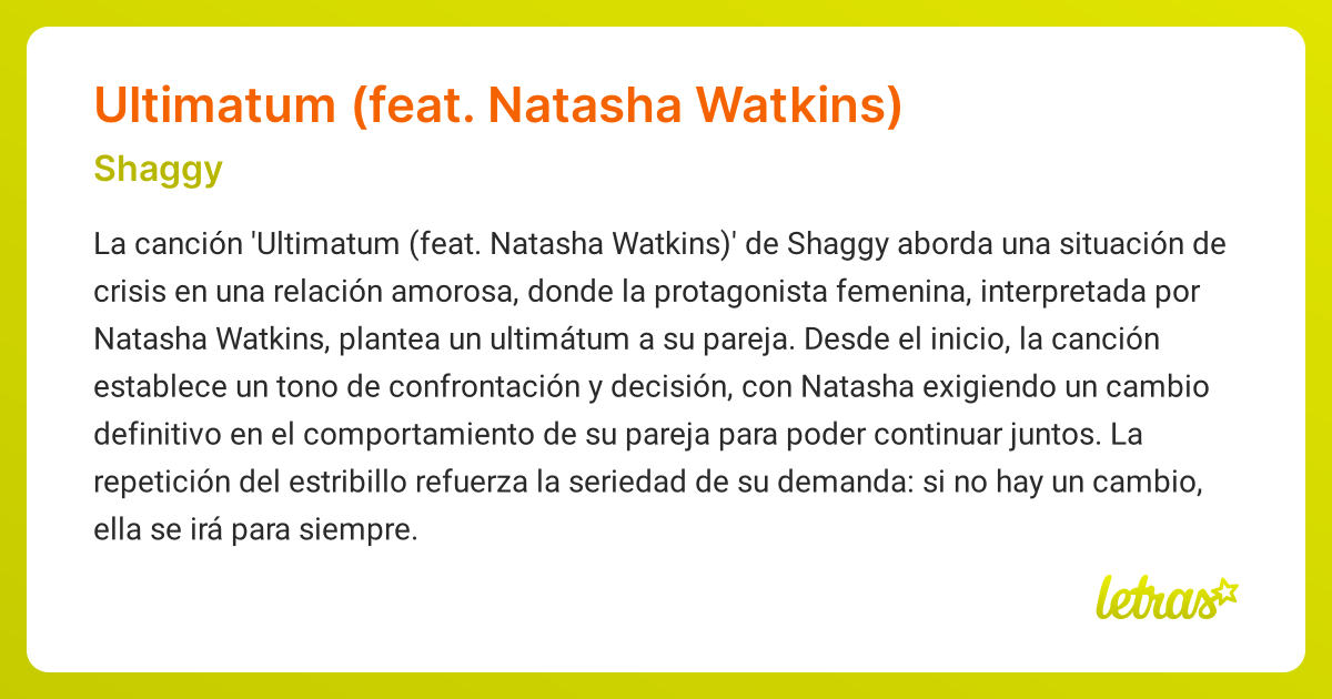 Significado de la canción Ultimatum (feat. Natasha Watkins) (Shaggy ...
