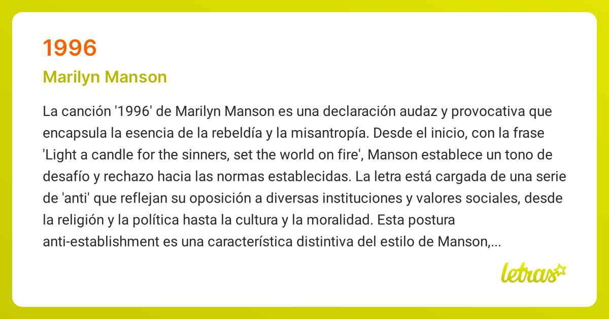 Significado de la canción 1996 (Marilyn Manson) - LETRAS.COM